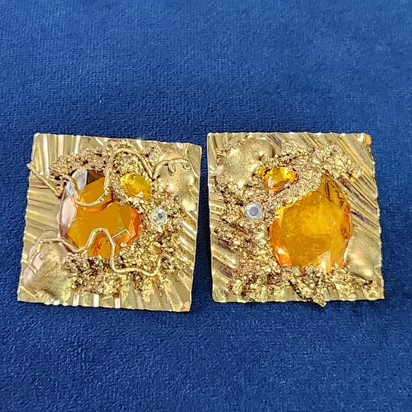 Jewelry | Vintage 8s Large Square Orange Stone Abstract Gold Earrings ...